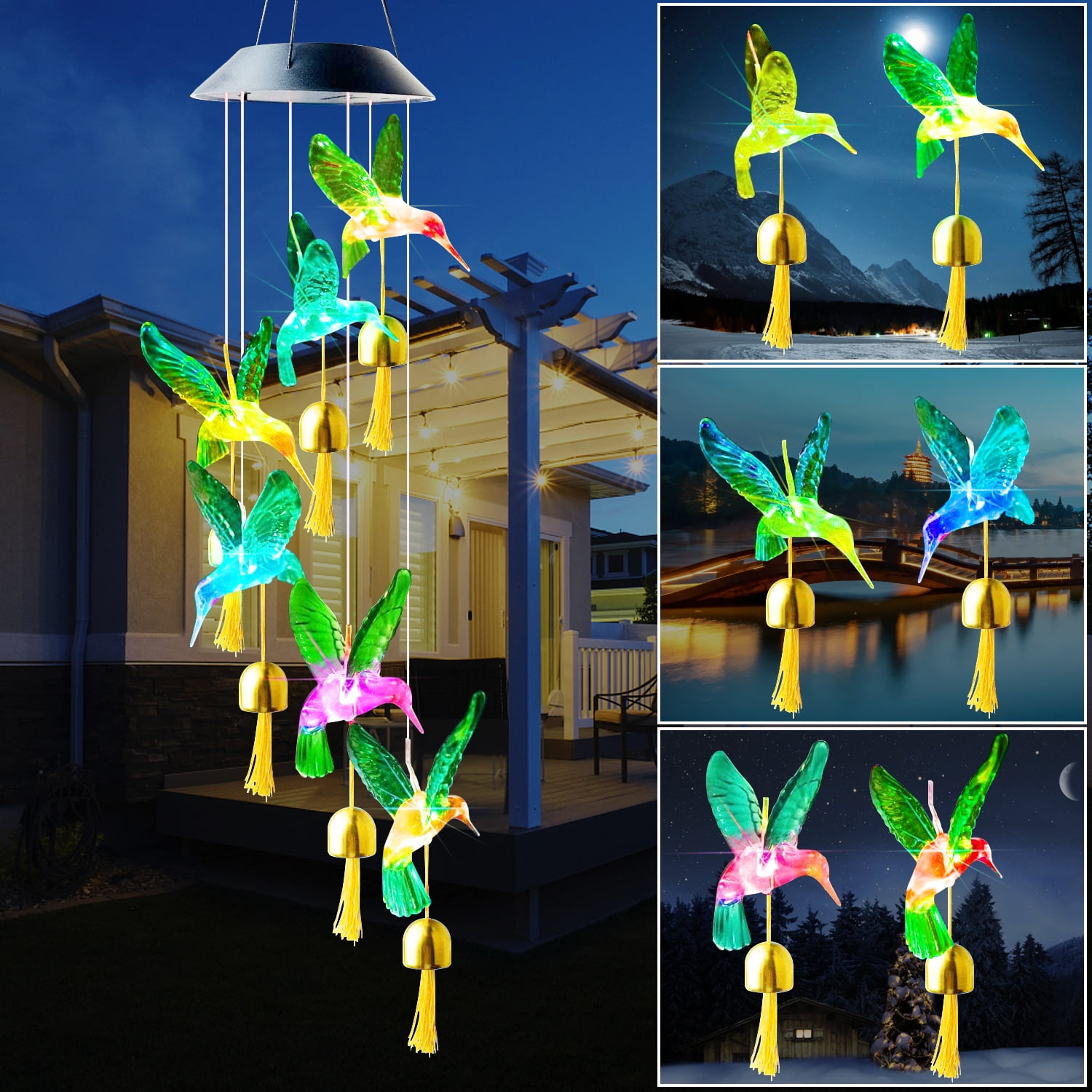 Rirool Outdoor Solar Wind Chimes, Color Changing LED Hummingbird Garden ...