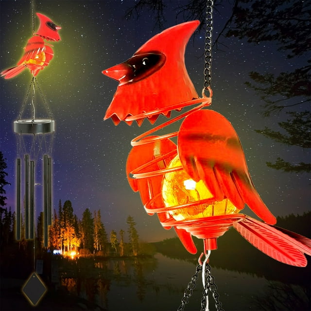 Rirool Red Bird Solar Light, Outdoor Wind Bell with 5 Aluminum Tubes ...