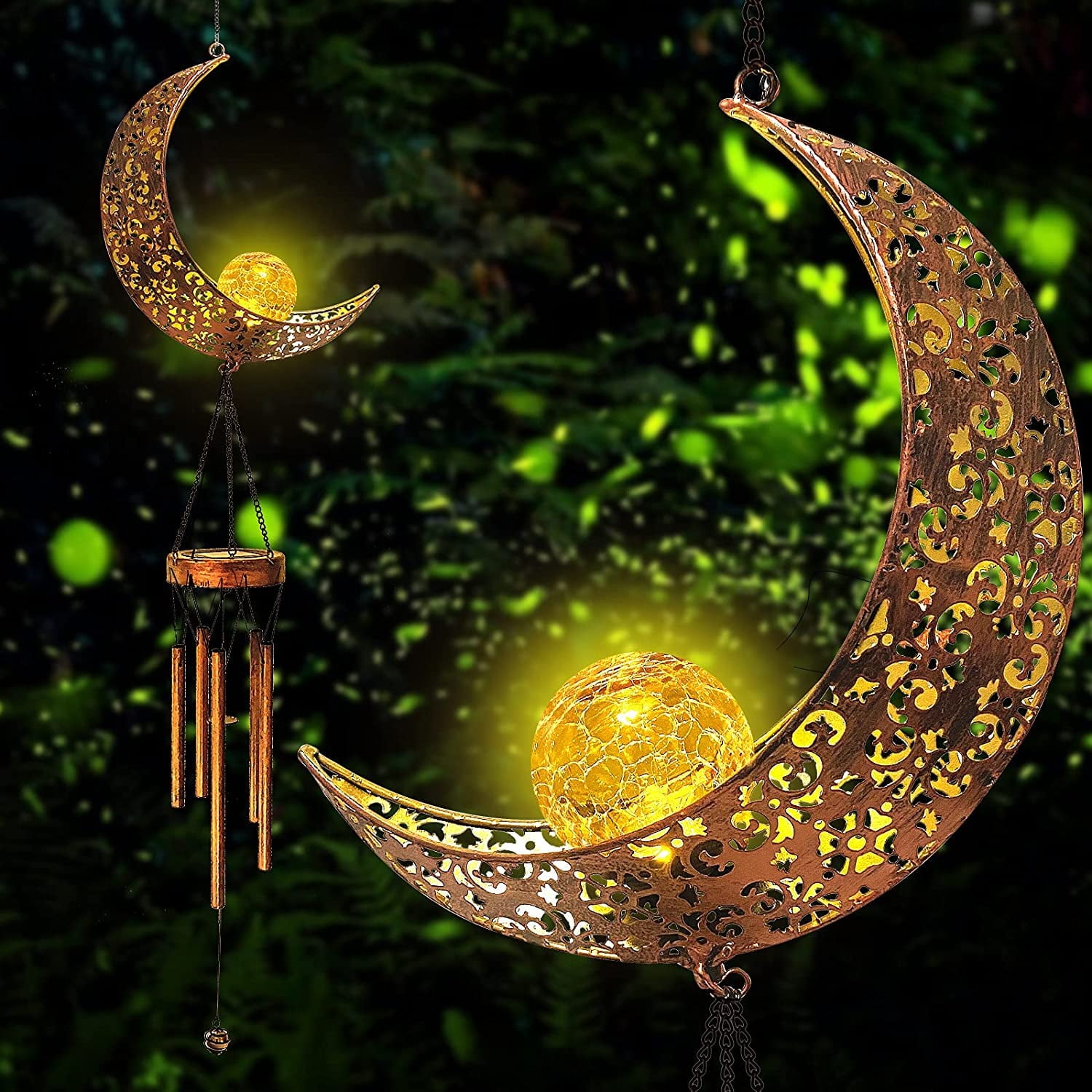Solar Moon Wind Chime Light, Retro Brass Metal, Warm LED, Crackle Glass ...