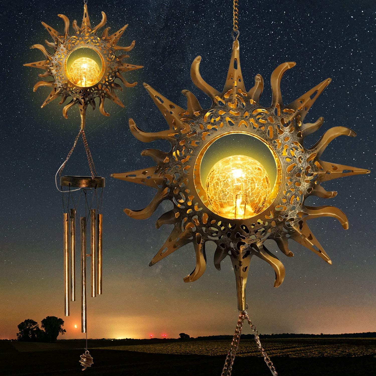 Solar LED Garden Wind Chimes: Waterproof, Crackle Glass Ball Lights for ...