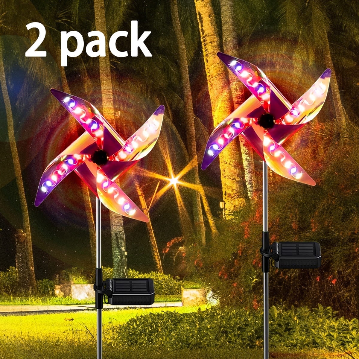 Rirool 2 Pcs Solar Powered Wind Spinner Garden Stake, Waterproof LED ...