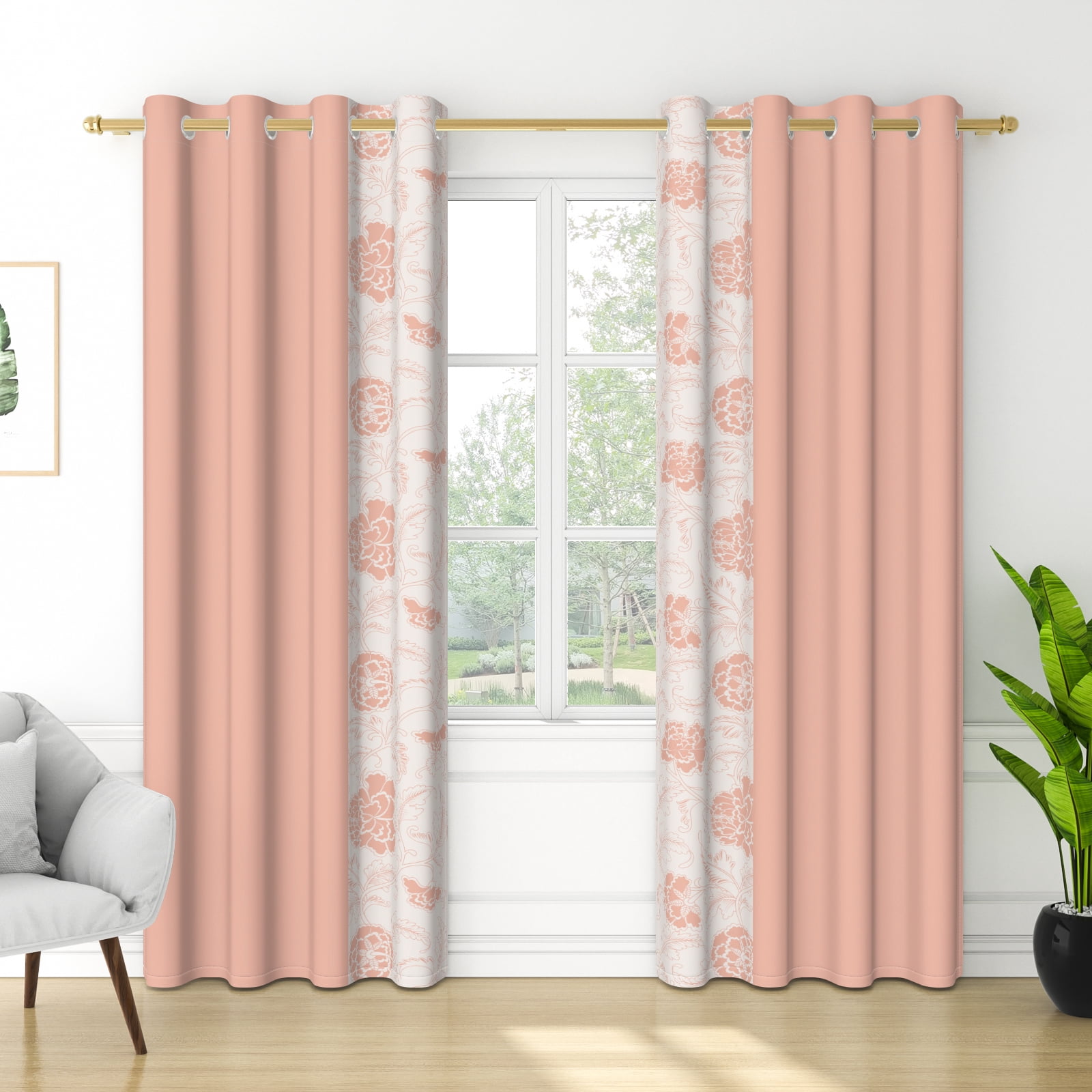 RisChhery Blush Pink Floral Border Room Darkening Curtains,2 Panels Set ...