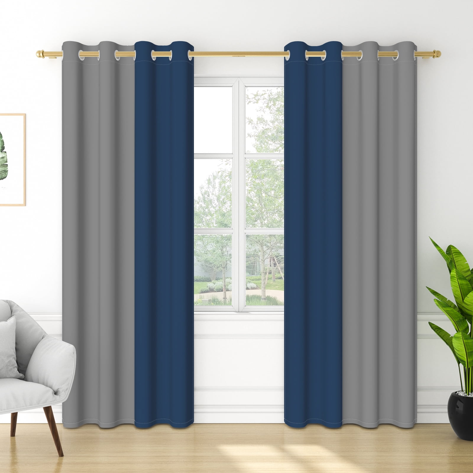 RisChhery Grey Navy Color Block Curtains, Grommet Top, Blackout Thermal ...