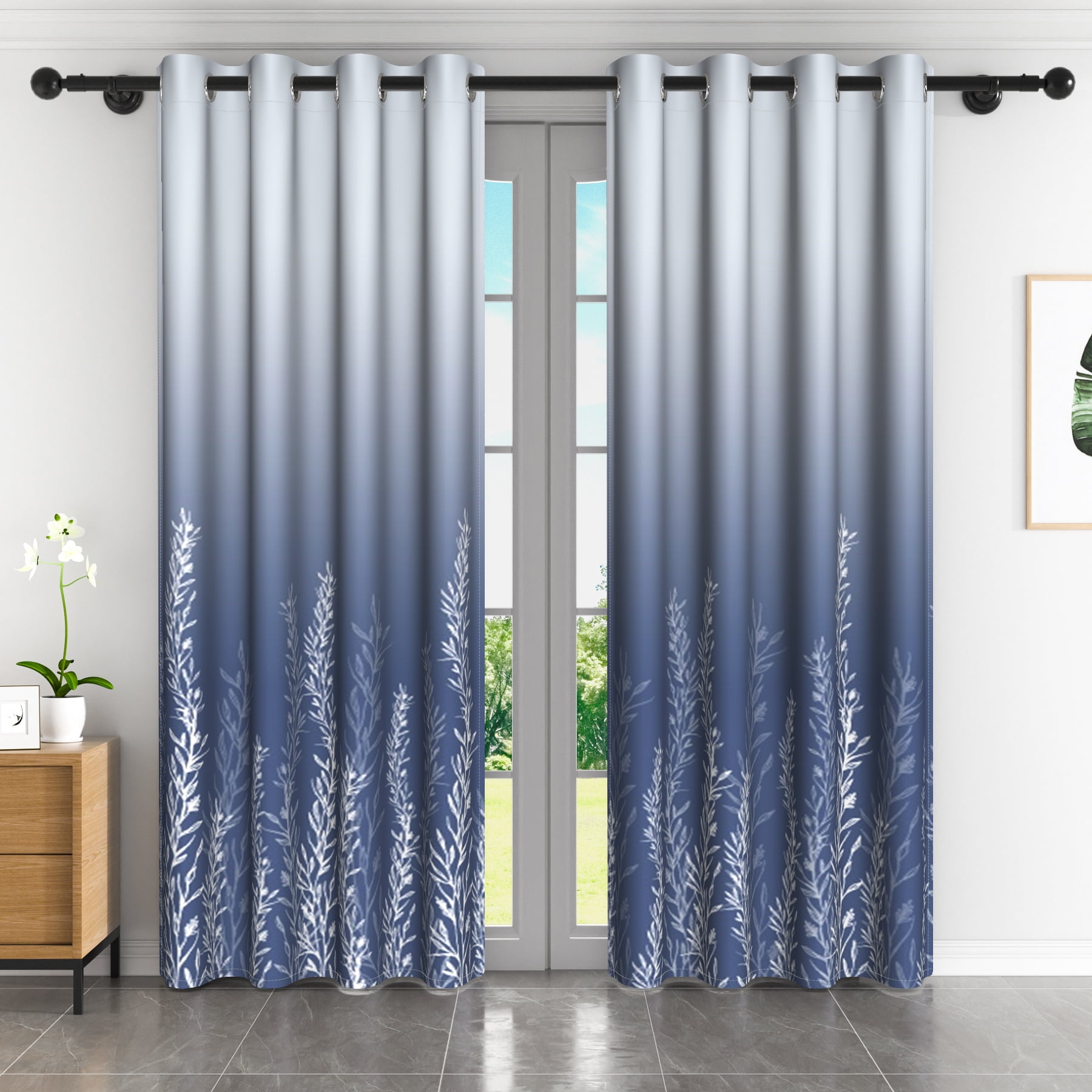 RisChhery Ombre Blue Leaf Print Blackout Curtains, Thermal Insulated ...