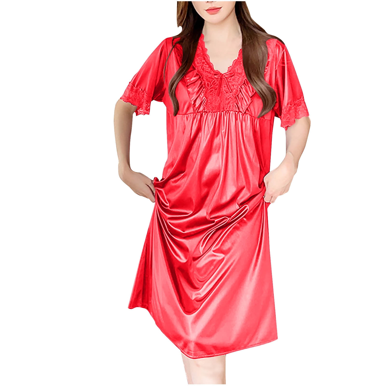 Risckoth Women's V Neck Sleep Dress Lace Trim Bow Detail Gathered ...