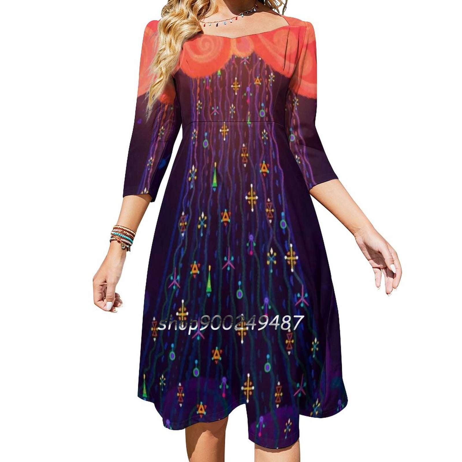Rise Flare Dress Square Neck Dress Elegant Female Fashion Printed Dress ...