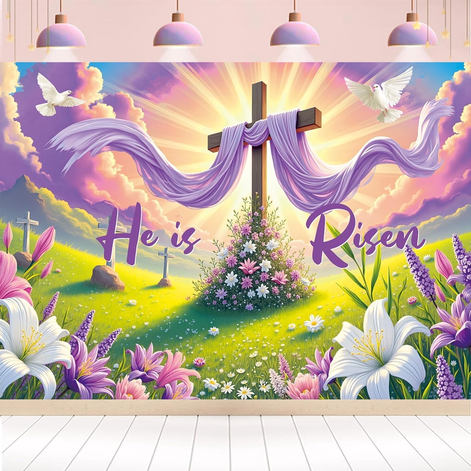 He is Risen Backdrop Christian Cross Lily Jesus Resurrection ...