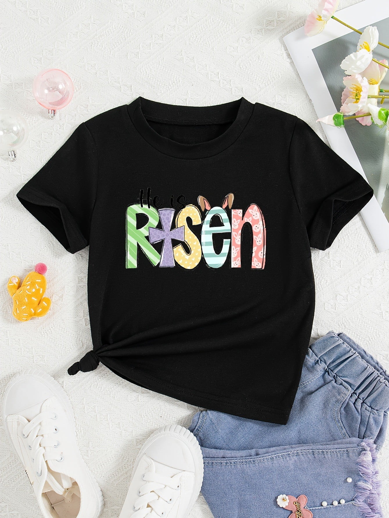 He is Risen" Colorful Letter Print Girls' T-Shirt - Casual Round Neck, Short Sleeve in Pink ...