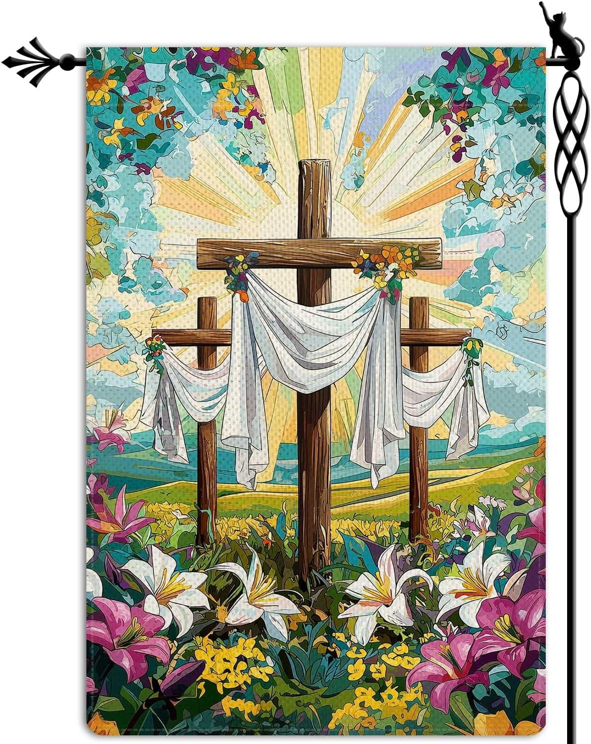 He is Risen Cross Garden Flag Stained Glass Style Spring Easter Garden ...