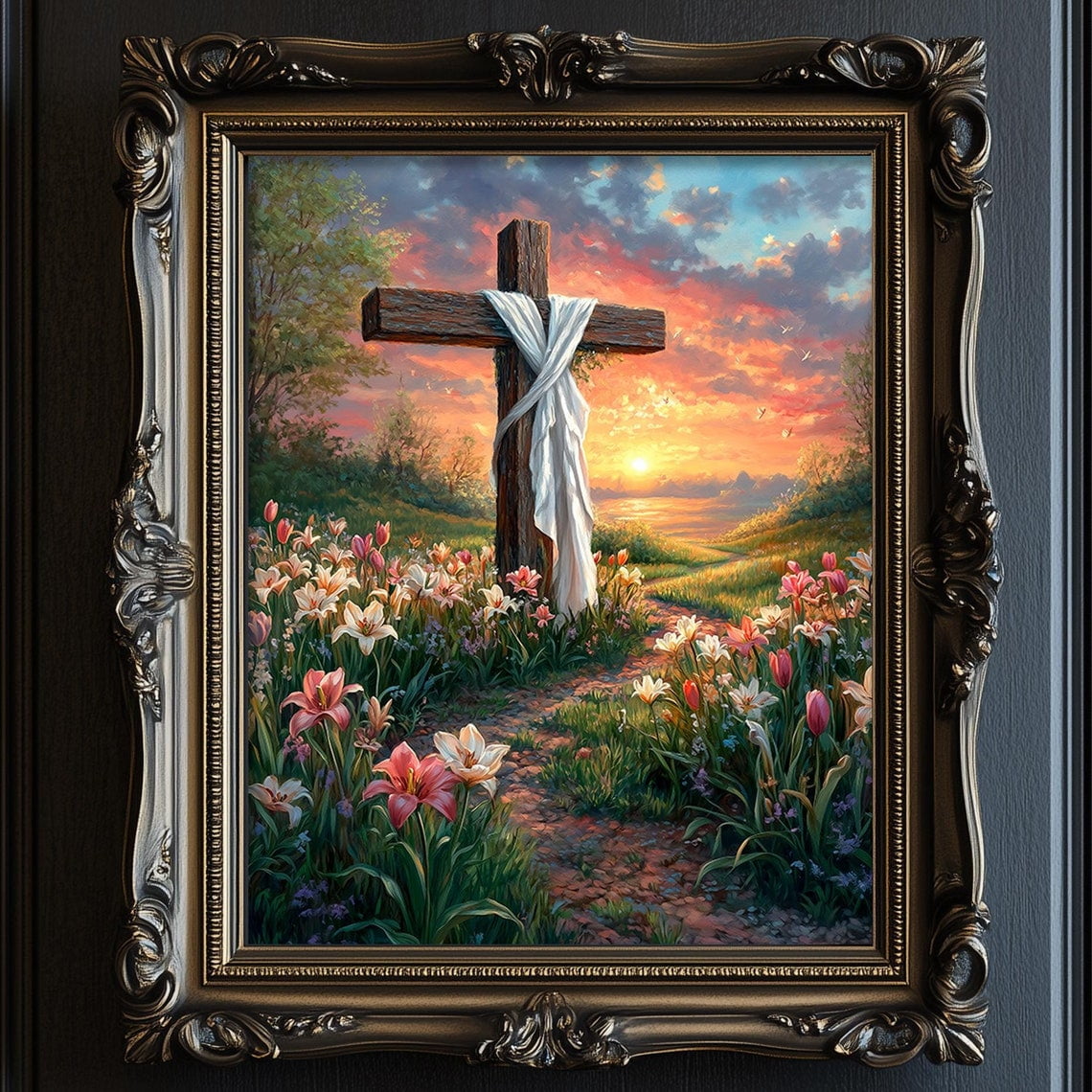 He Is Risen Easter Christian Wall Art, Cross On Mountain With Spring ...