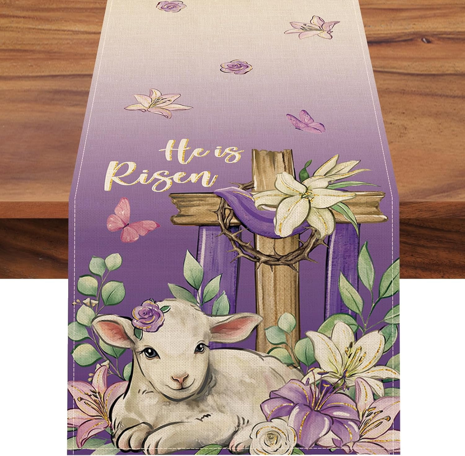 He is Risen Easter Purple Christian Table Runner, Religious Cross Lamb ...