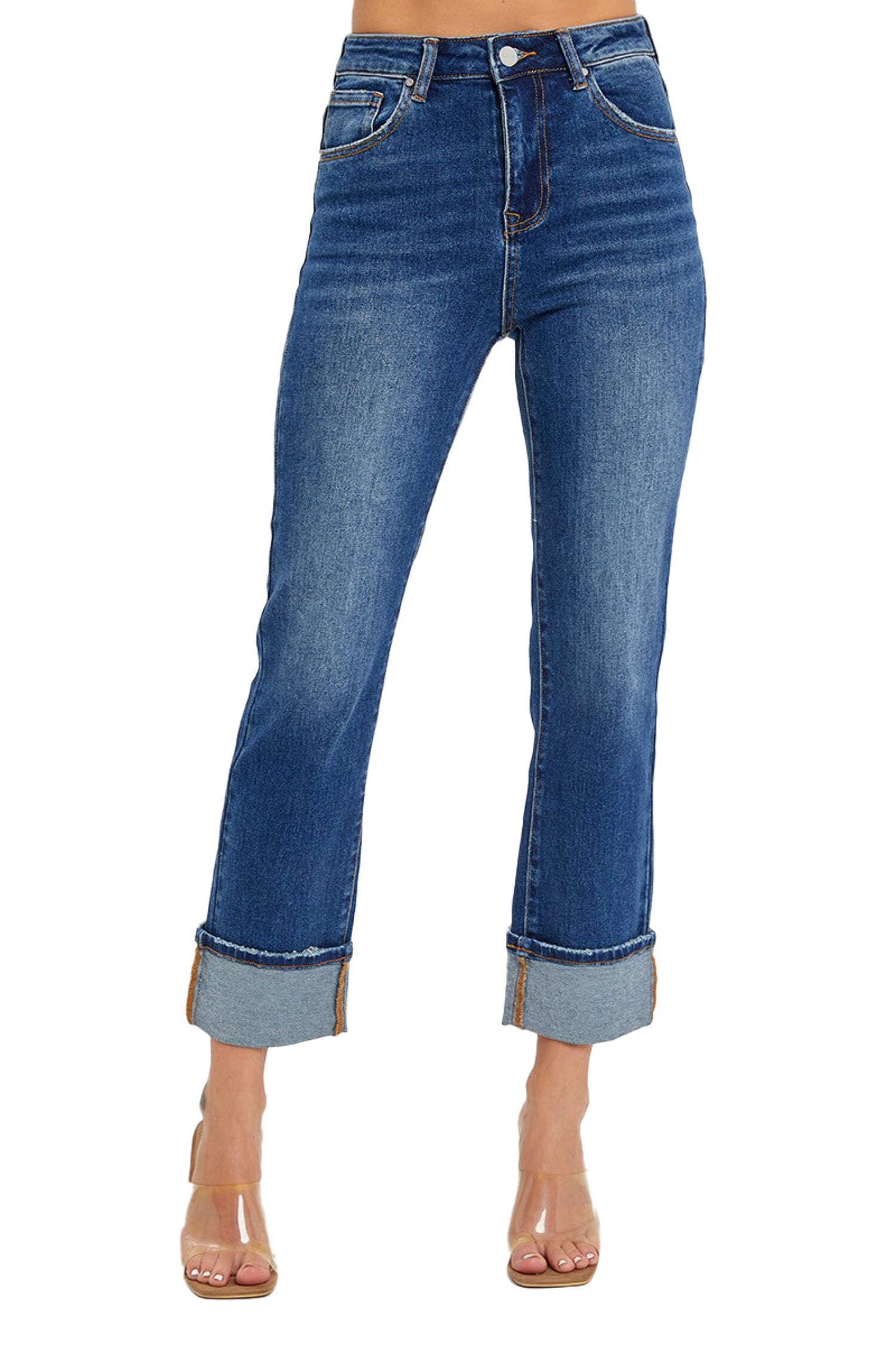 Risen Jeans - High Rise Cuffed Straight Jeans - RDP5580 - Walmart.com