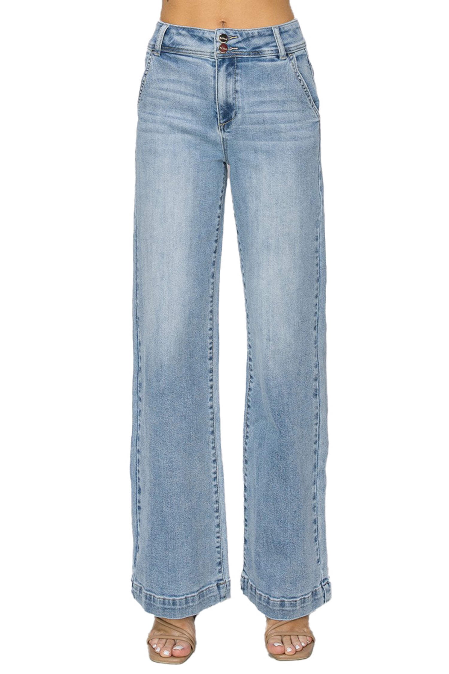 Risen Jeans - High Rise Double Button Wide Jeans - RDP5765 - Walmart.com