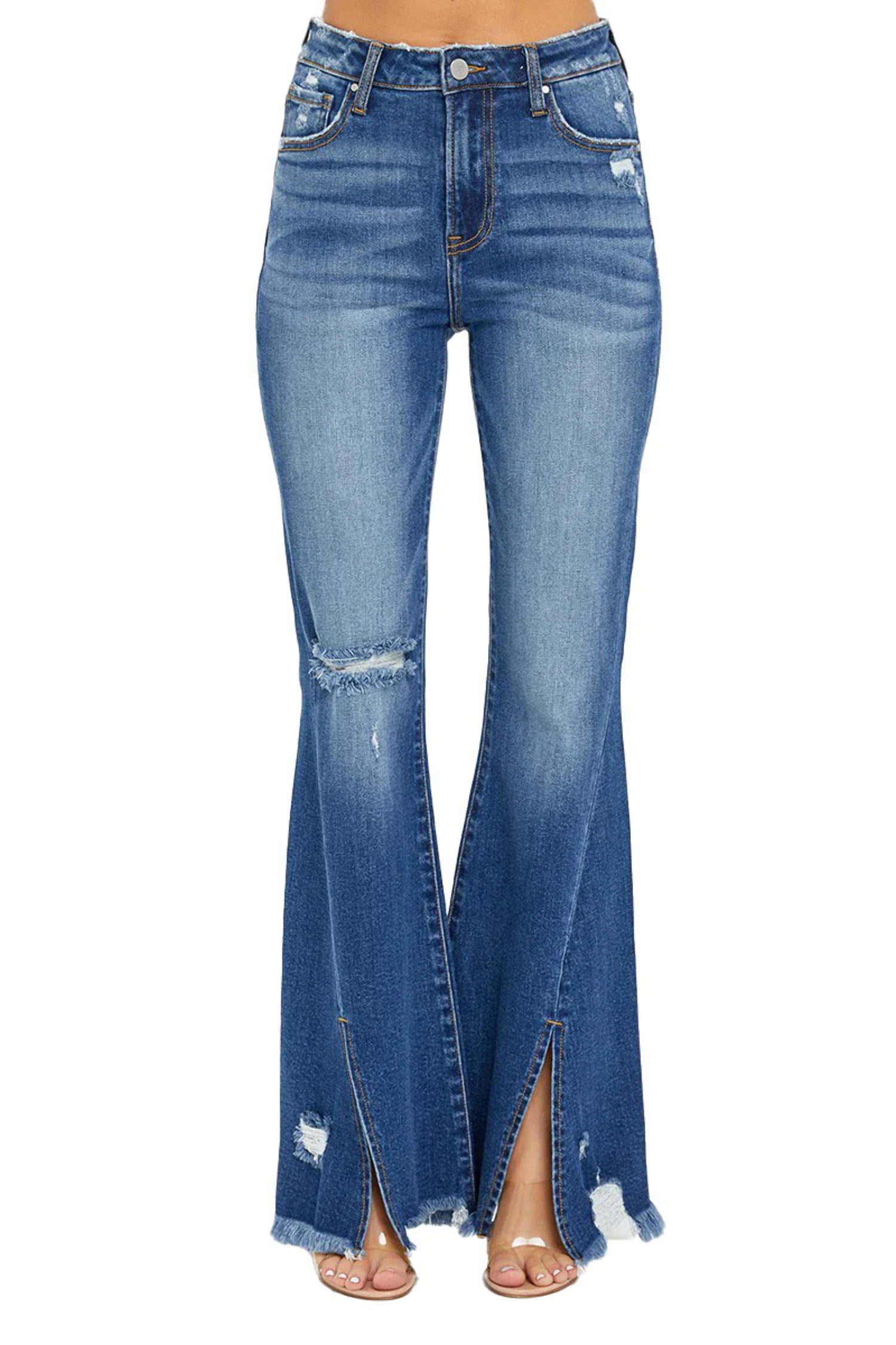 Risen Jeans - High Rise Front Slit with Fray Hem Flare Jeans - RDP5544 ...