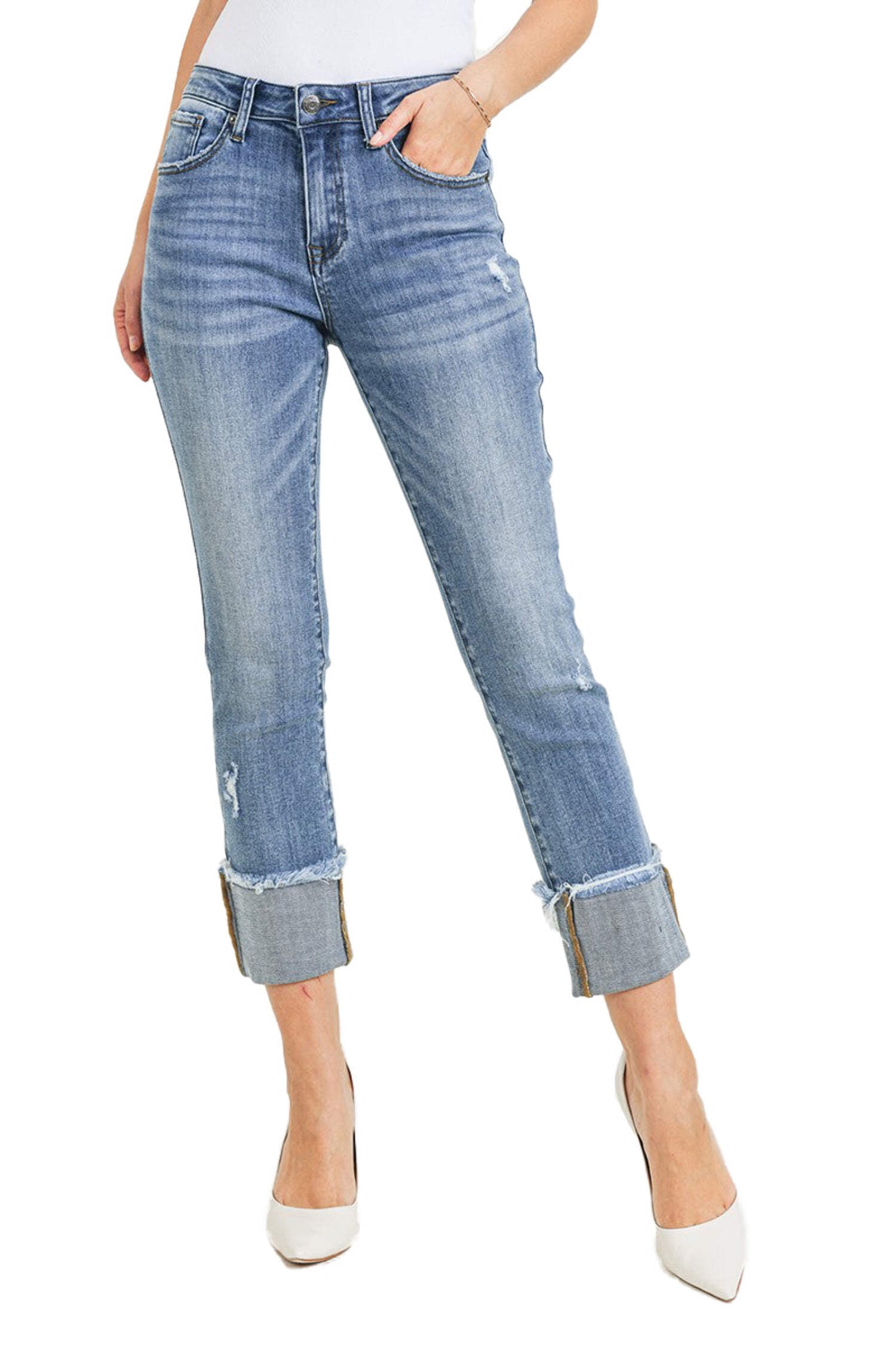 Risen Jeans - Mid Rise Raw Hem Cuffed Slim Straight Leg Jeans ...