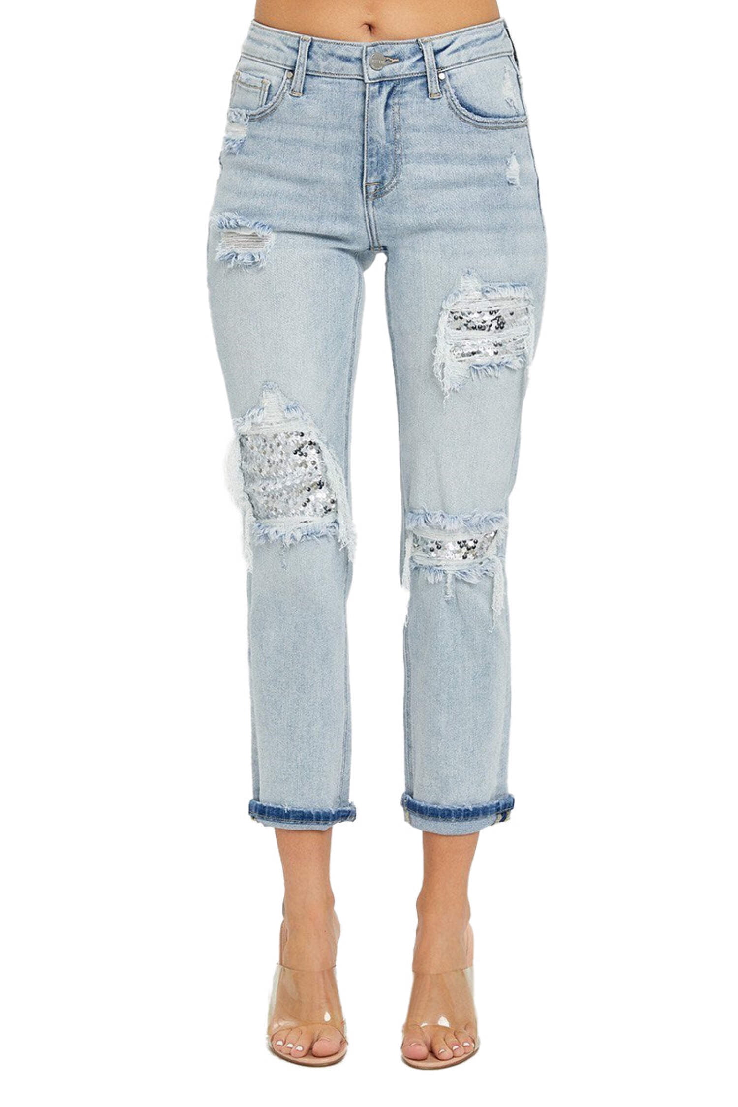 Risen Jeans - Mid Rise Sequins Patched Tapered Jeans - RDP5414 ...