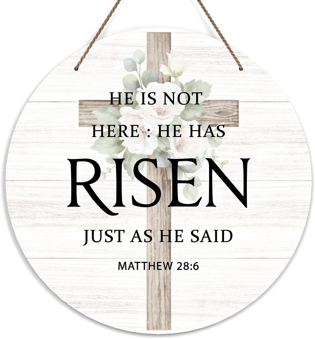 He Is Risen Welcome Door Sign, Easter Cross Wooden Sign Round ...