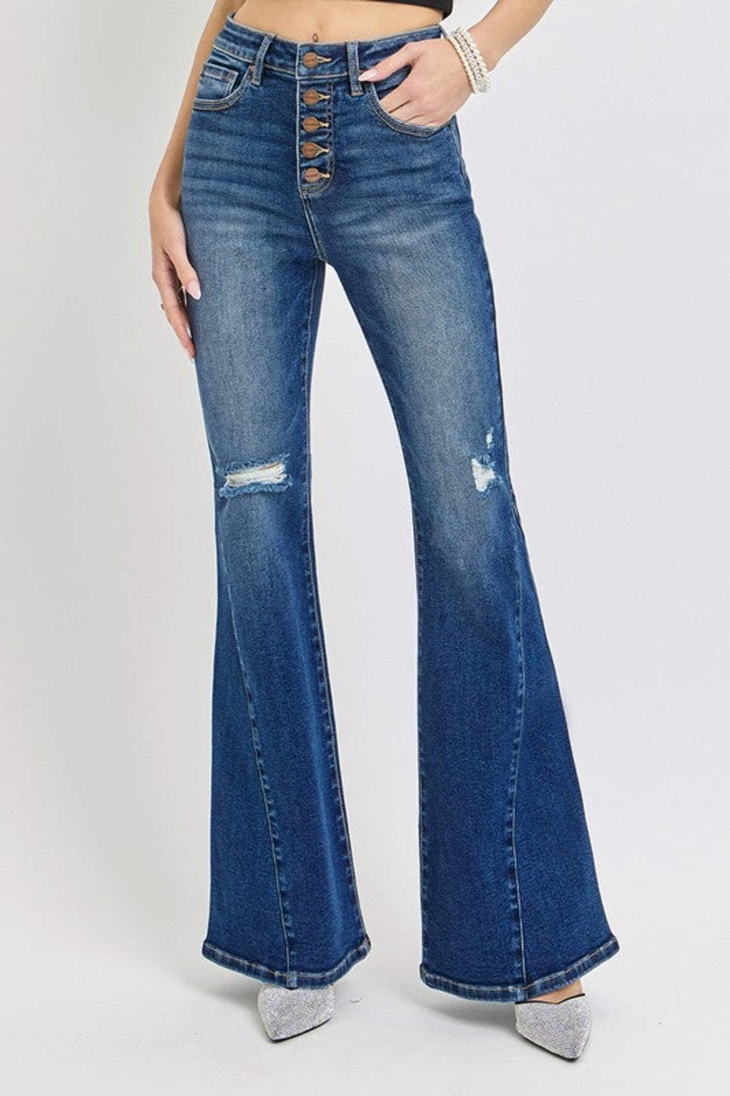 Risen Women's Distressed Button-Fly Flare Jeans - Walmart.com