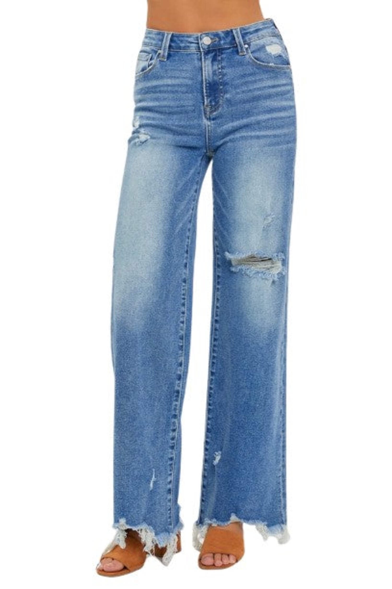 Risen Women's High Rise Frayed Hem Wide Leg Jeans - Walmart.com