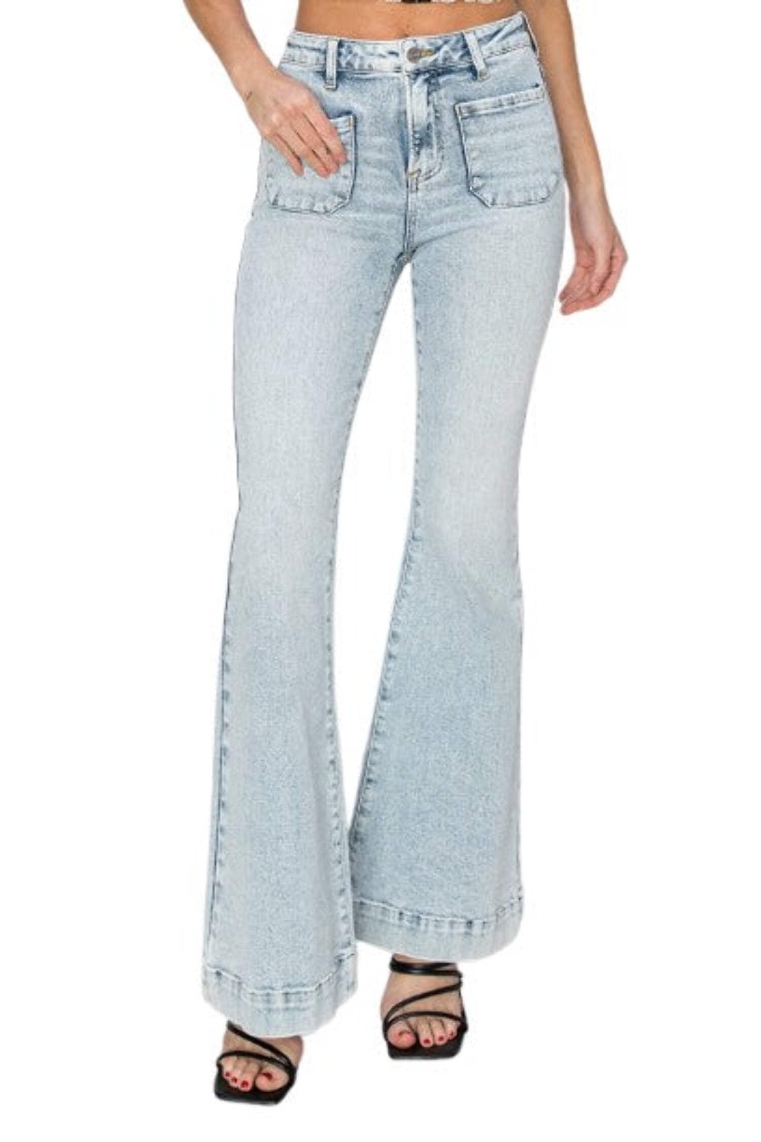 Risen Women's High Rise Front Patch Pocket Flare Jeans - Walmart.com