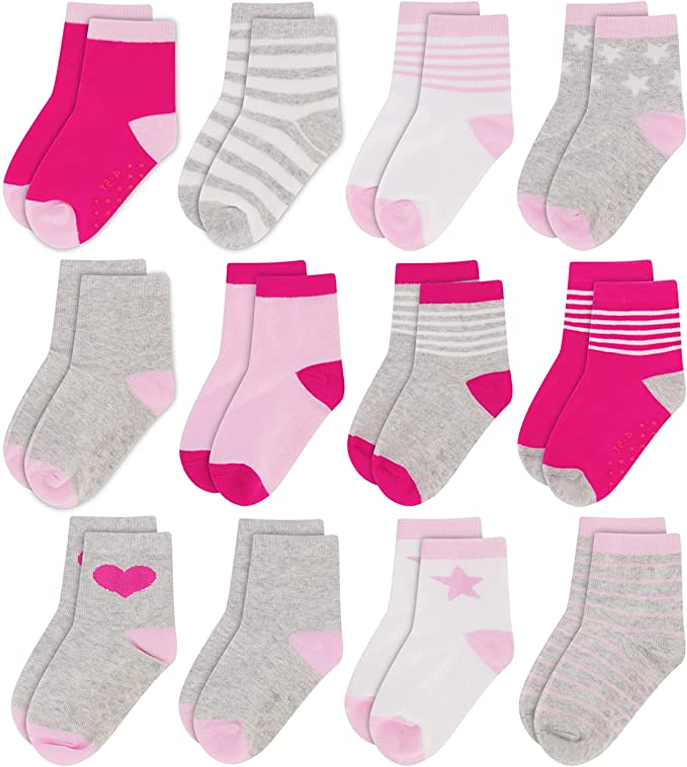 Rising Star Unisex Crew Kids Socks for Toddlers (12 Pack) - Pink & Gray ...