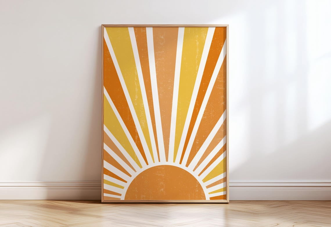 Rising Sun Rays Print, Boho Sun Rise Art Poster, Retro Sun Room Wall ...