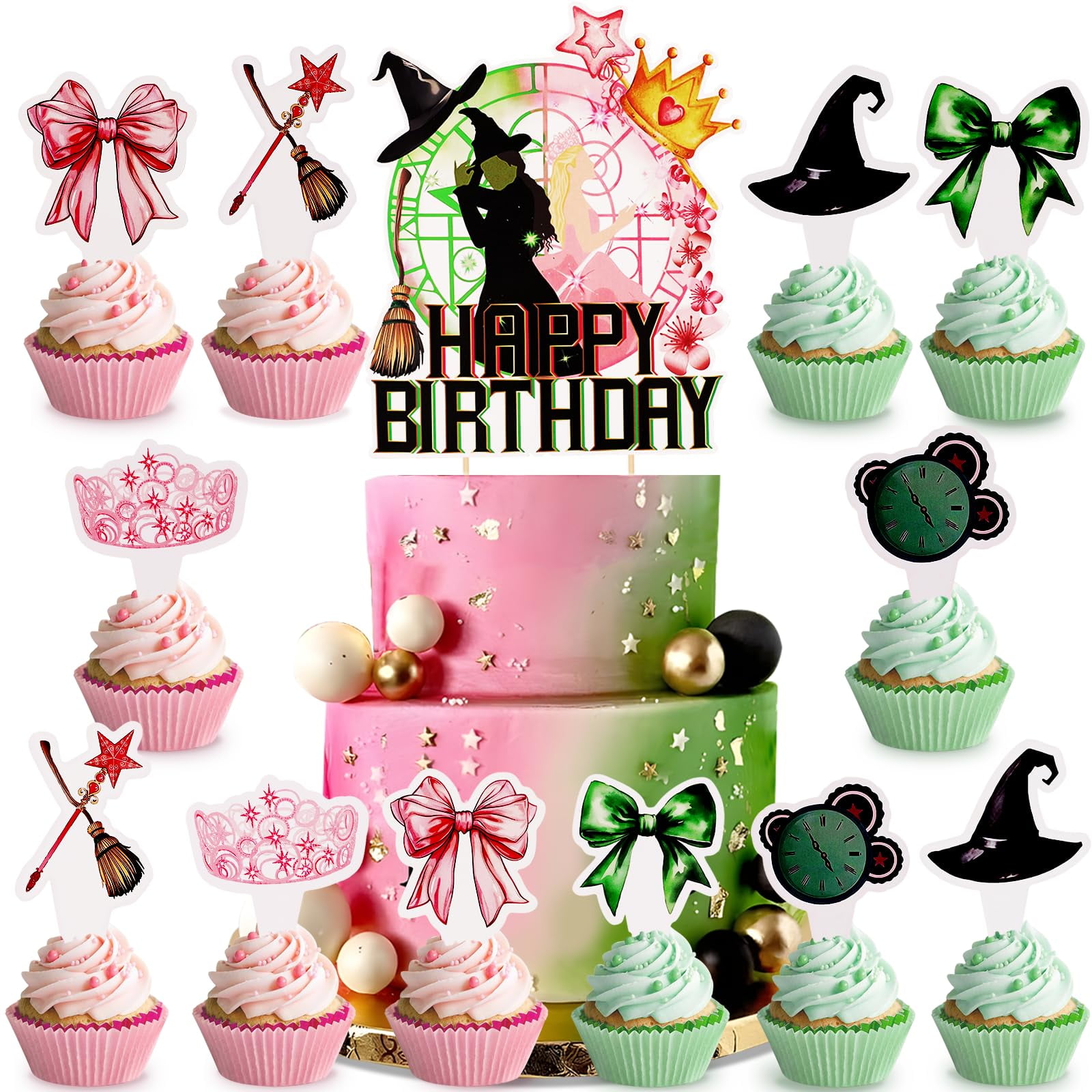 Rismise Witch Cake Topper 25PCS Pink ITL1 and Green Decorations Witch ...