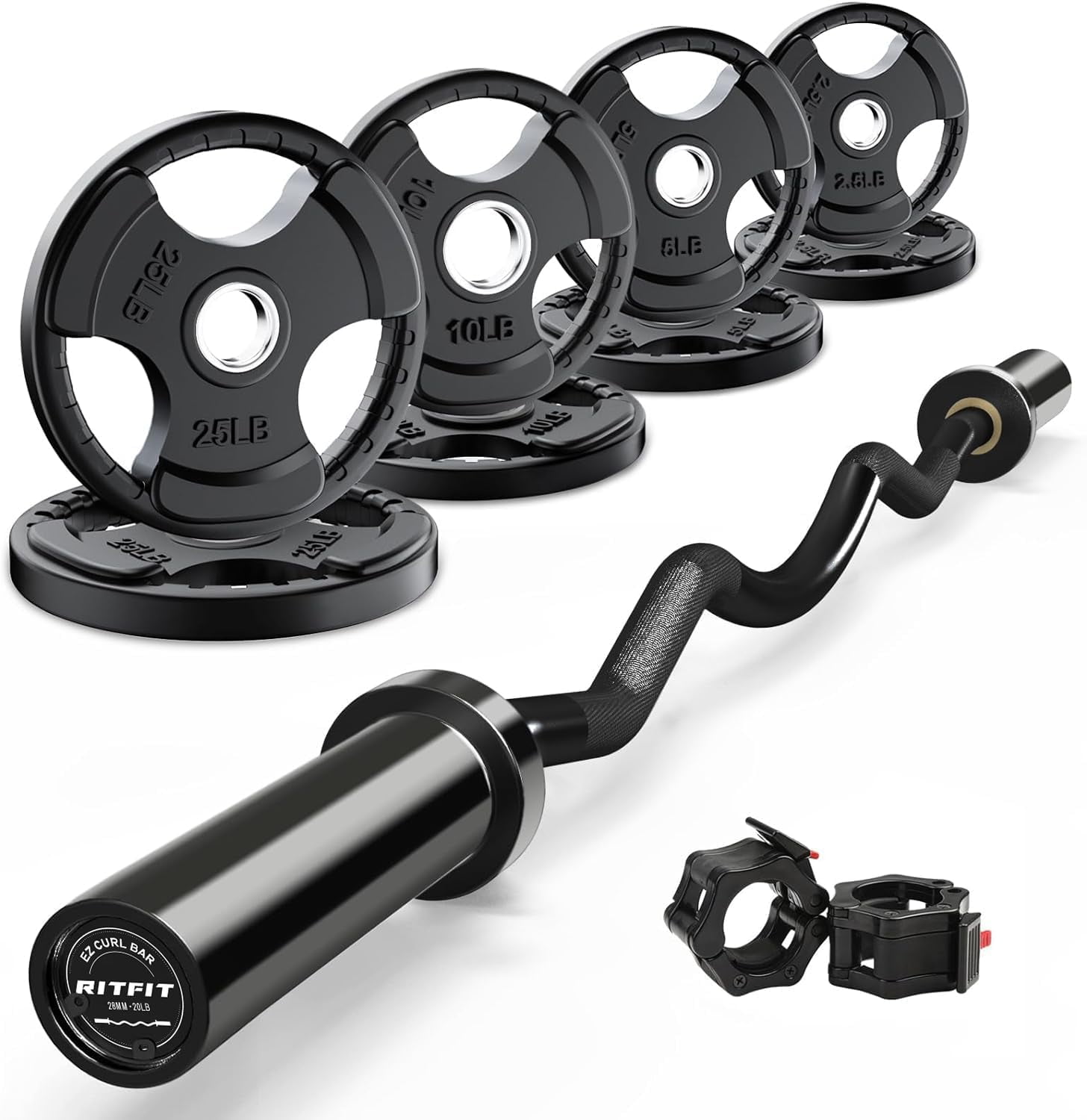 RitFit 2 Inch EZ Curl Bar with Weights, 700LBS Weight Capacity Olympic ...