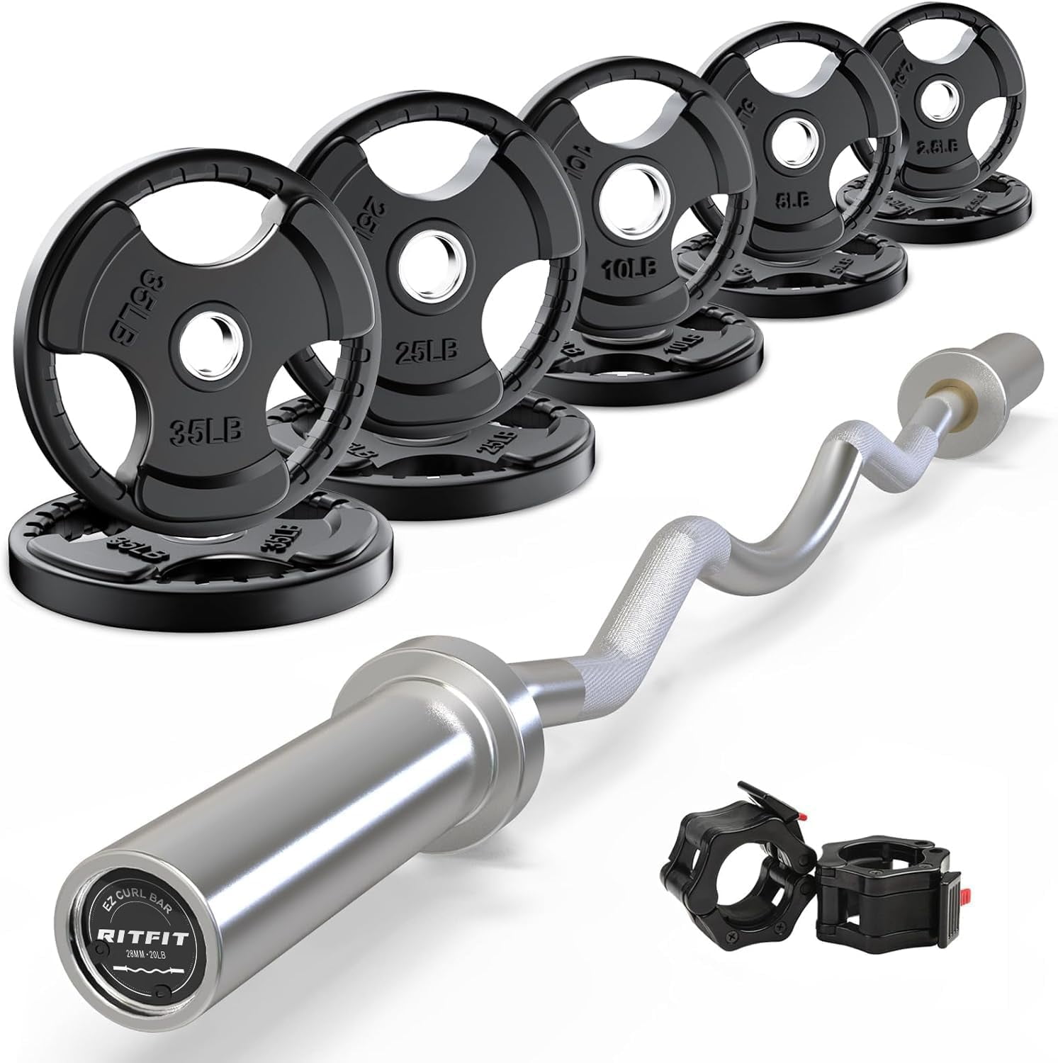 RitFit 2 Inch EZ Curl Bar with Weights, 700LBS Weight Capacity Olympic ...