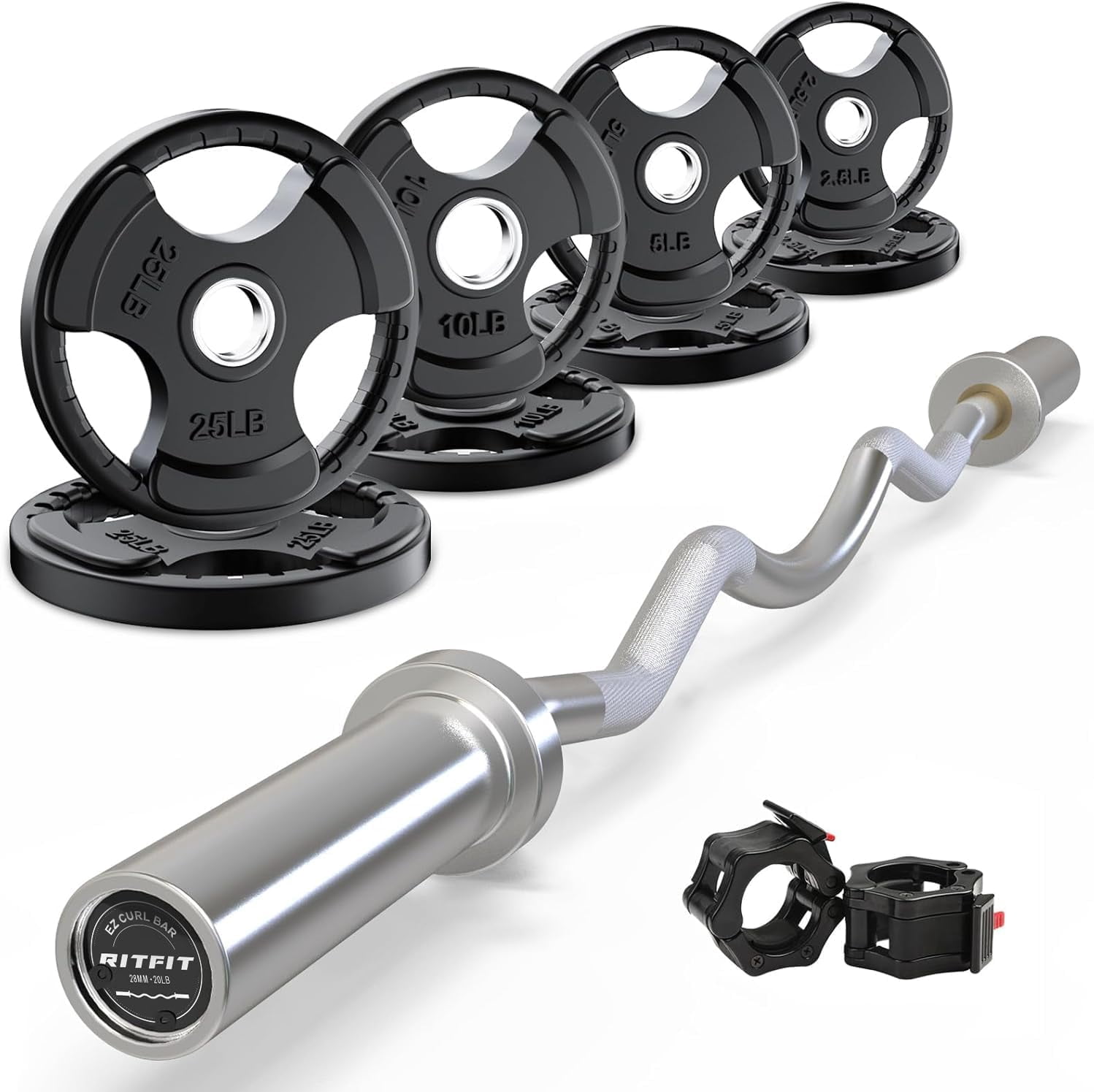 RitFit 2 Inch EZ Curl Bar with Weights, 700LBS Weight Capacity Olympic ...