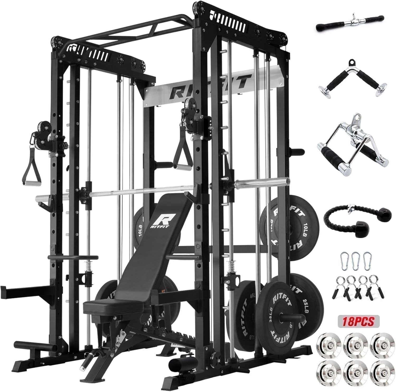 RitFit M1 Pro Smith Machine with Cable Crossover System, Multi-Function Squat Rack Power Cage ...