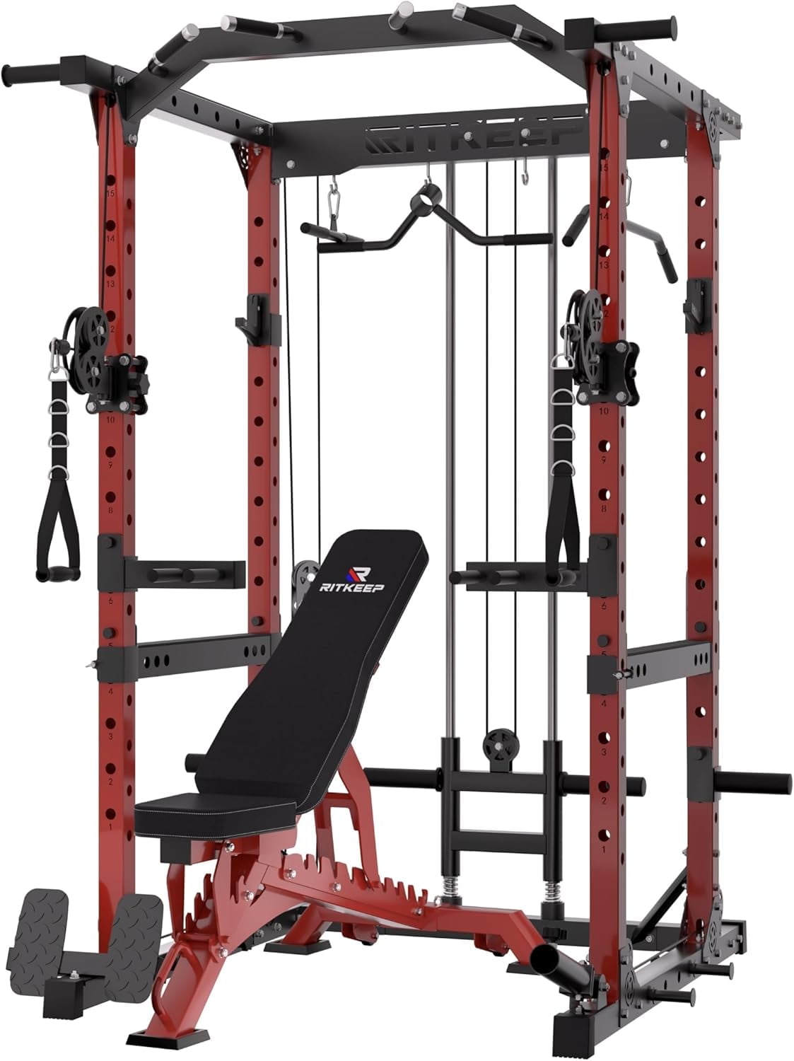 RitKeep Fitness M10 Power Cage with Pulley System and Adjustable Bench ...