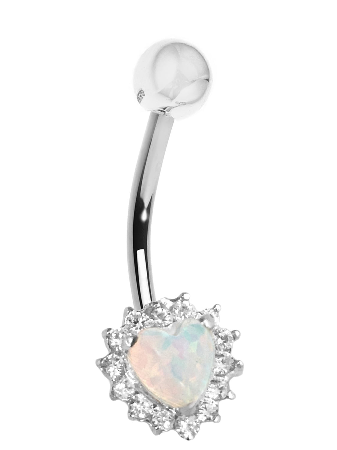 Ritastephens 14k White Gold Heart Created Opal Belly Navel Ring Cubic ...