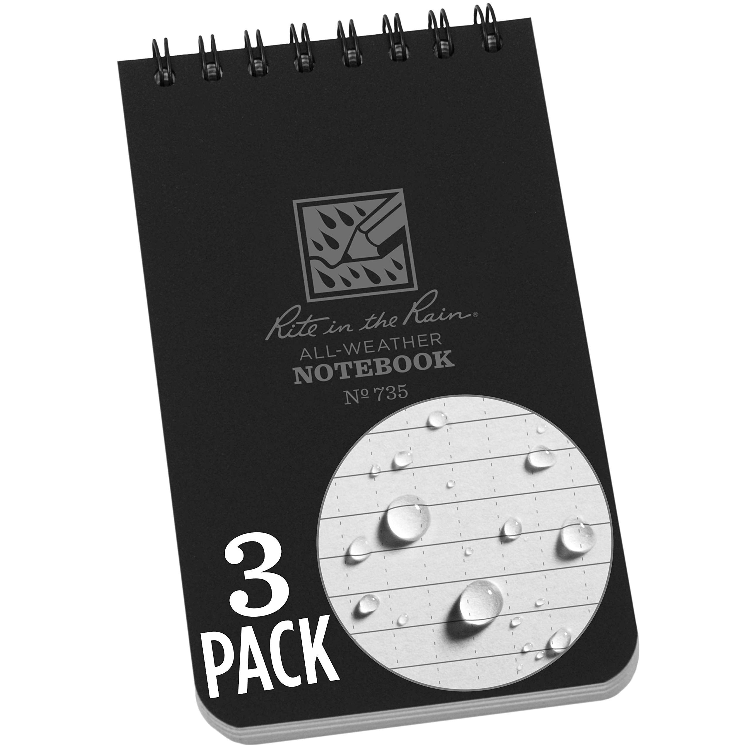 Rite in the Rain Weatherproof Top Spiral Notebook, 3" x 5", Black Cover ...