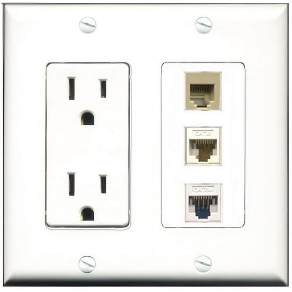 RiteAV - 15 Amp Power Outlet 1 Port Phone Beige 1 Port Cat5e Ethernet ...
