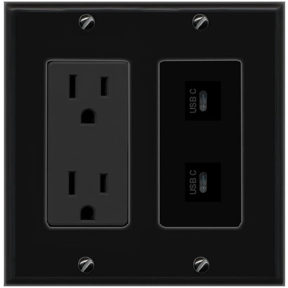 RiteAV 15A Power Outlet 2 Port USBC Jack Decorative Wall Plate [Black ...