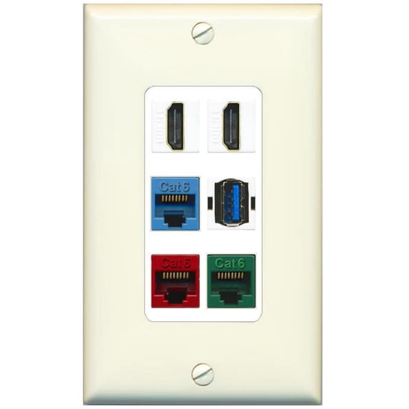 RiteAV 2 HDMI 3 Cat6 Ethernet USB3 Mixed Color Wall Plate - 1 Gang ...