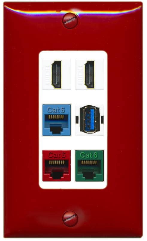 RiteAV 2 HDMI 3 Cat6 Ethernet USB3 Mixed Color Wall Plate - 1 Gang [Red ...