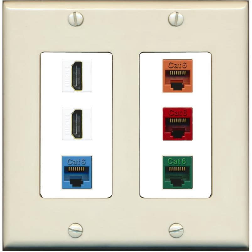 RiteAV 2 HDMI 4 Cat6 Ethernet Mixed Color Wall Plate - 2 Gang [Light ...