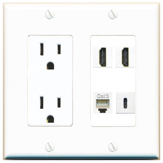 RiteAV 2 HDMI Phone USBC Wall Plate with 15A Power Outlet [White ...