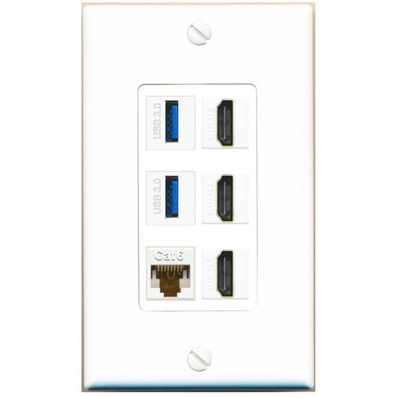 RiteAV 3 Port HDMI 2 Port USB 3.0 1 CAT6-RJ45 Wall Plate - 1 Gang ...