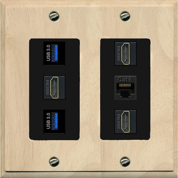 RiteAV 3 Port HDMI 2 Port USB 3.0 1 CAT6-RJ45 Wall Plate - 2 Gang [Wood ...