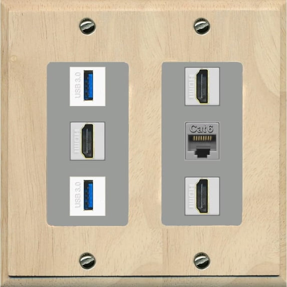 RiteAV 3 Port HDMI 2 Port USB 3.0 1 CAT6-RJ45 Wall Plate - 2 Gang [Wood ...