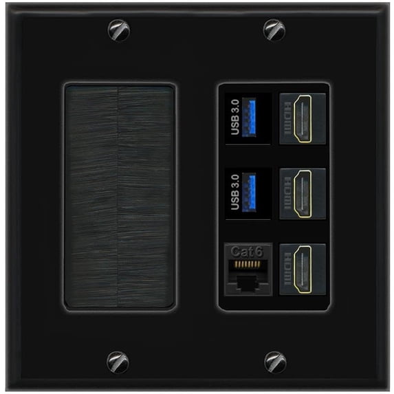 RiteAV 3 Port HDMI 2 Port USB 3.0 1 CAT6-RJ45 Wall Plate - Brush [Black ...