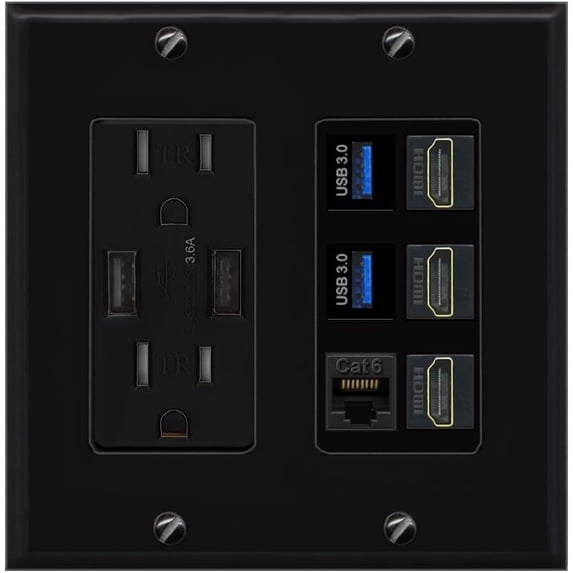 RiteAV 3 Port HDMI 2 Port USB 3.0 1 CAT6-RJ45 Wall Plate - USB Outlet ...