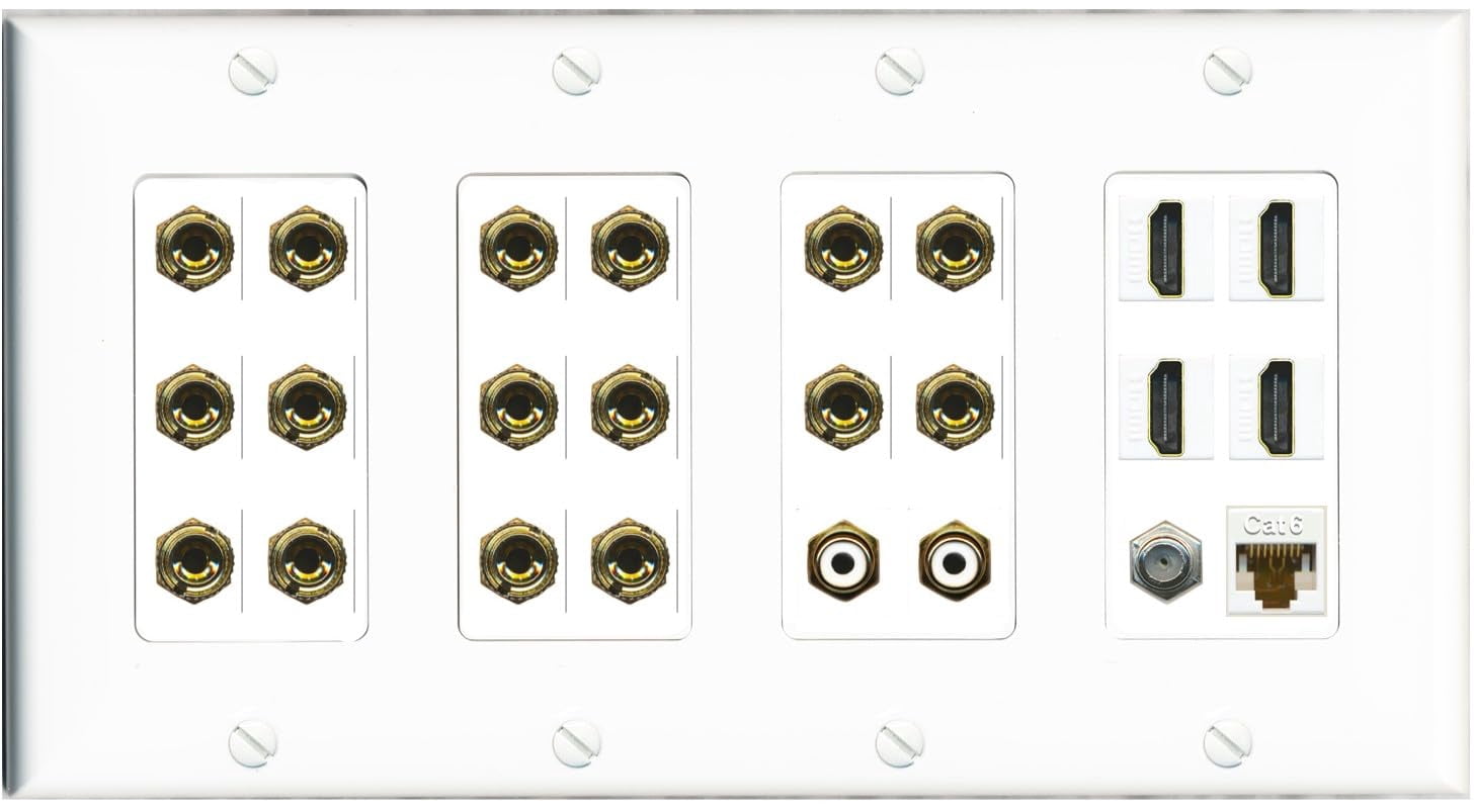 RiteAV 8.2 Surround Sound 8 Speaker 16 Banana Plug Jack Wall Plate w/ 2 ...