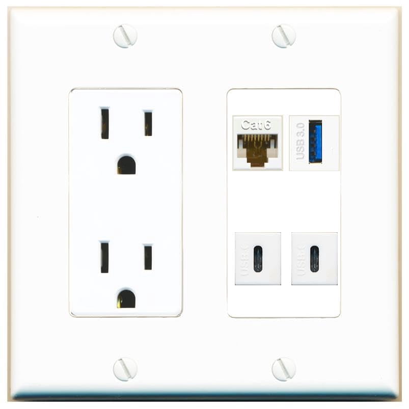 RiteAV CAT6 USB-3 2 USBC Wall Plate with 15A Power Outlet [White ...