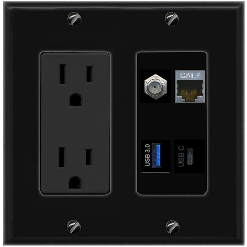 RiteAV CAT7 Coax USB-3 USBC Wall Plate with 15A Power Outlet [Black ...