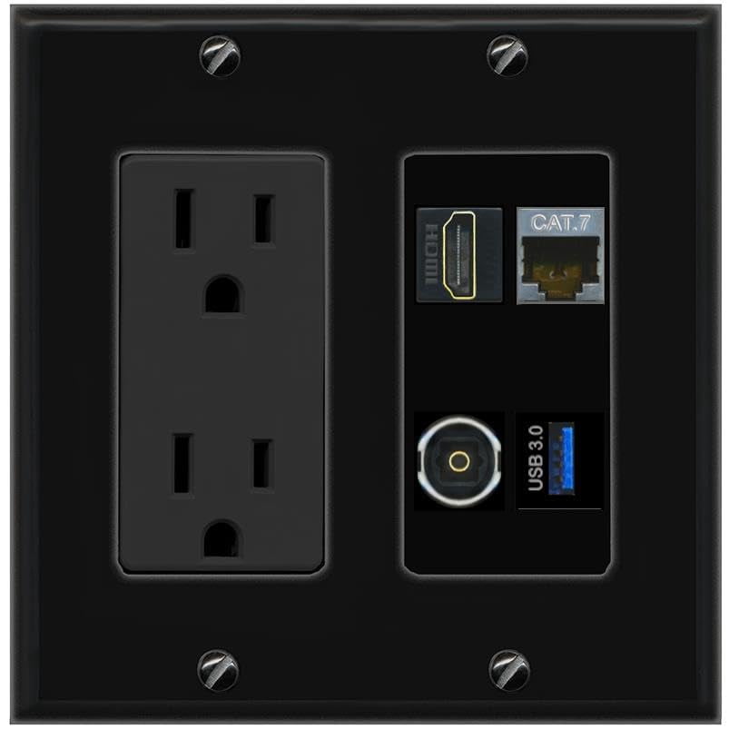 RiteAV CAT7 HDMI TOSLINK USB-3 Wall Plate with 15A Power Outlet [Black ...