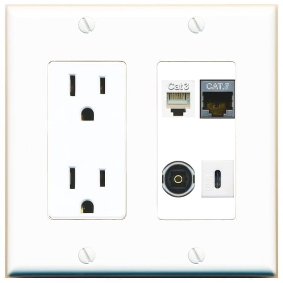 RiteAV CAT7 Phone TOSLINK USBC Wall Plate with 15A Power Outlet [White ...